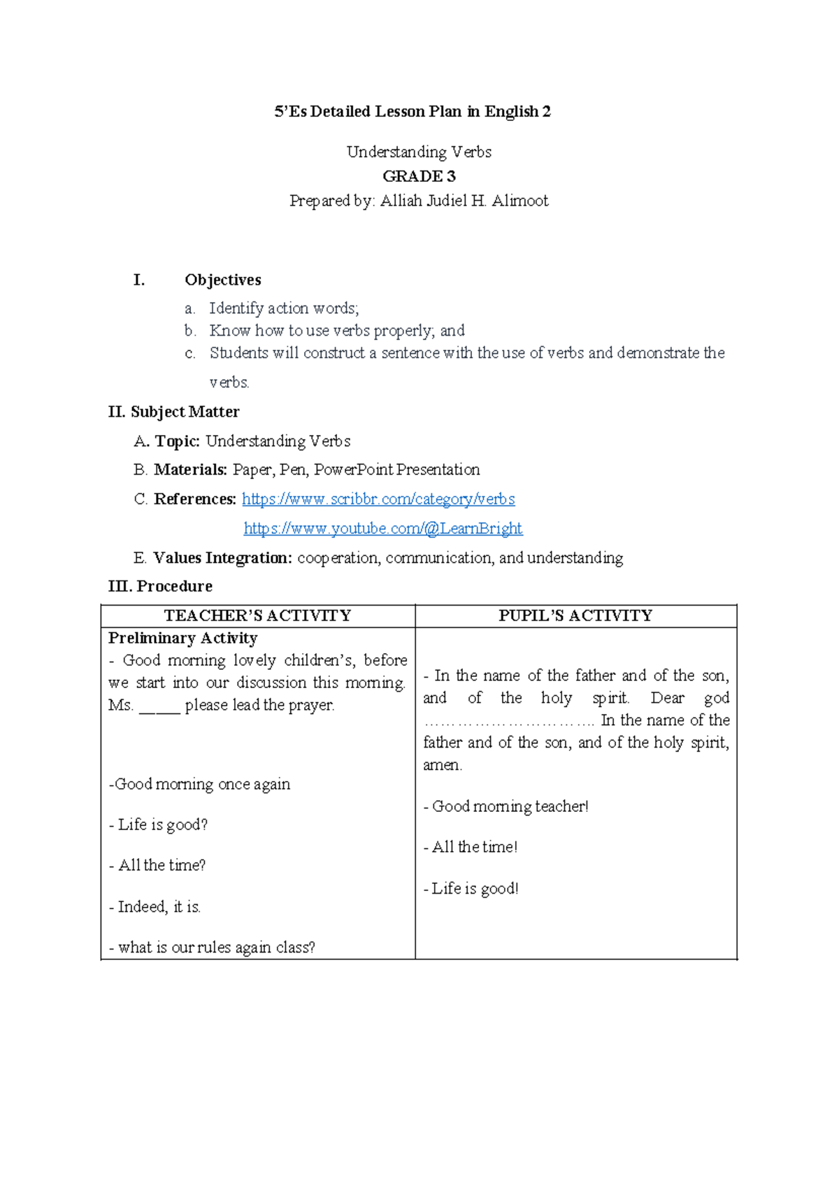 English 2 Lesson Plan: Understanding Verbs for Grade 3 - Studocu