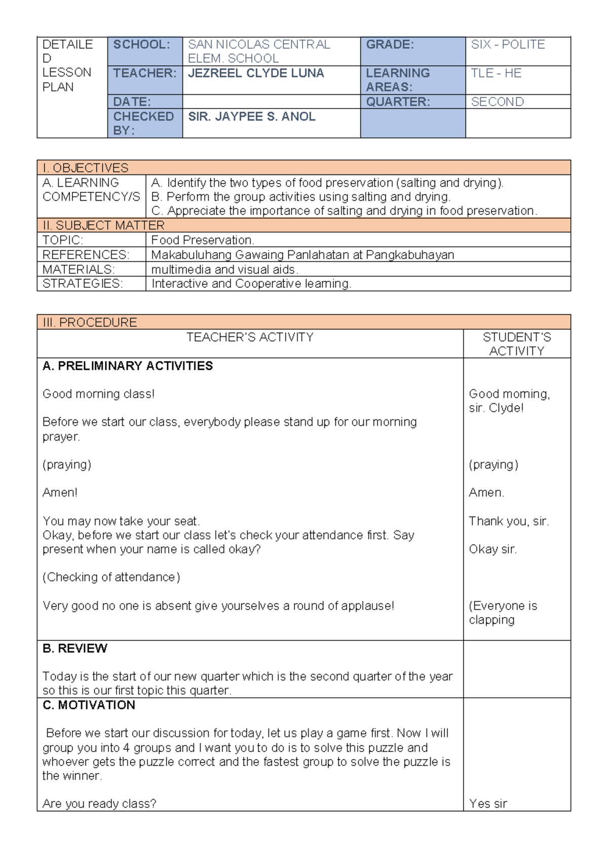 Detailed Lesson Plan in TLE-HE for Grade 6: Food Preservation ...