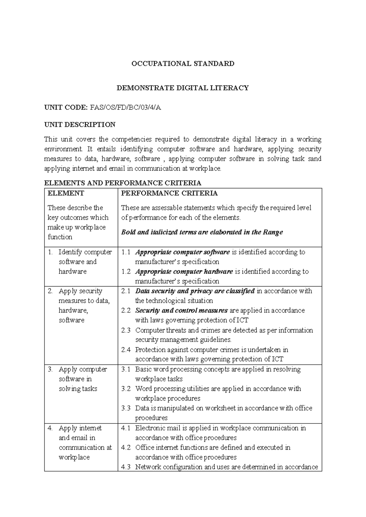 Digital Literacy Competency Outline: Unit Code & Description - Studocu