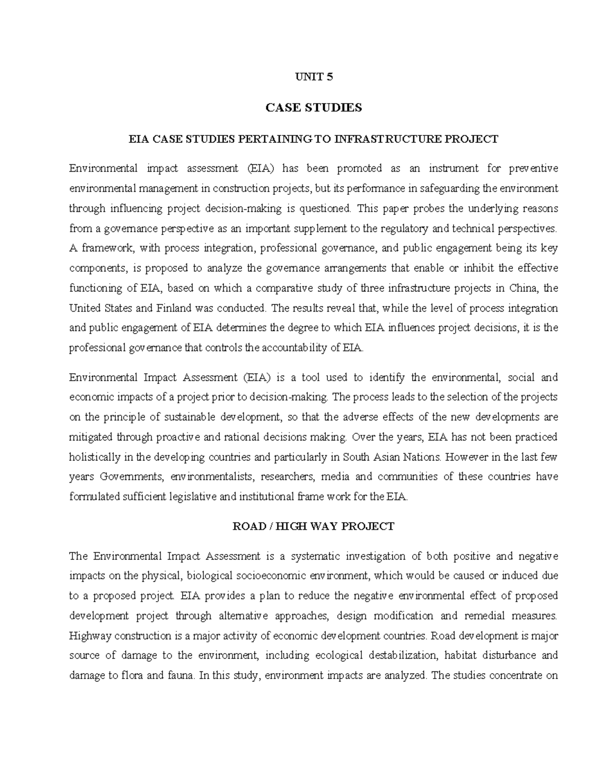 ESIA UNIT 5 - Case Studies on Environmental Impact Assessment - Studocu