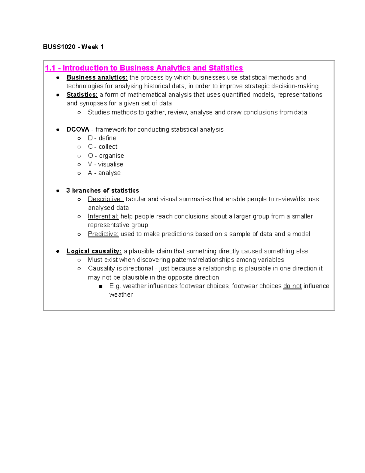 BUSS1020 Week 1 - Introduction to Business Analytics & Statistics - Studocu
