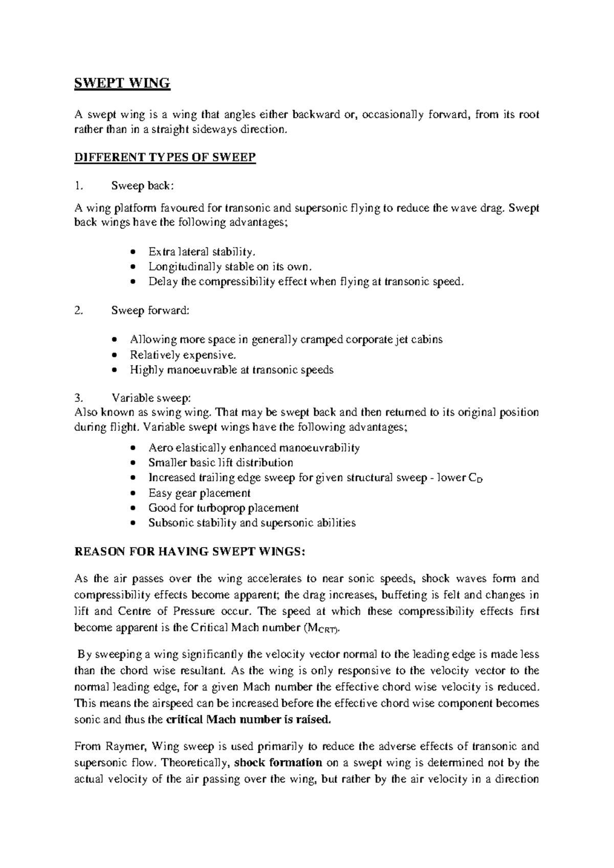 Effect of Sweep - Lecture notes 3 - SWEPT WING A swept wing is a wing ...