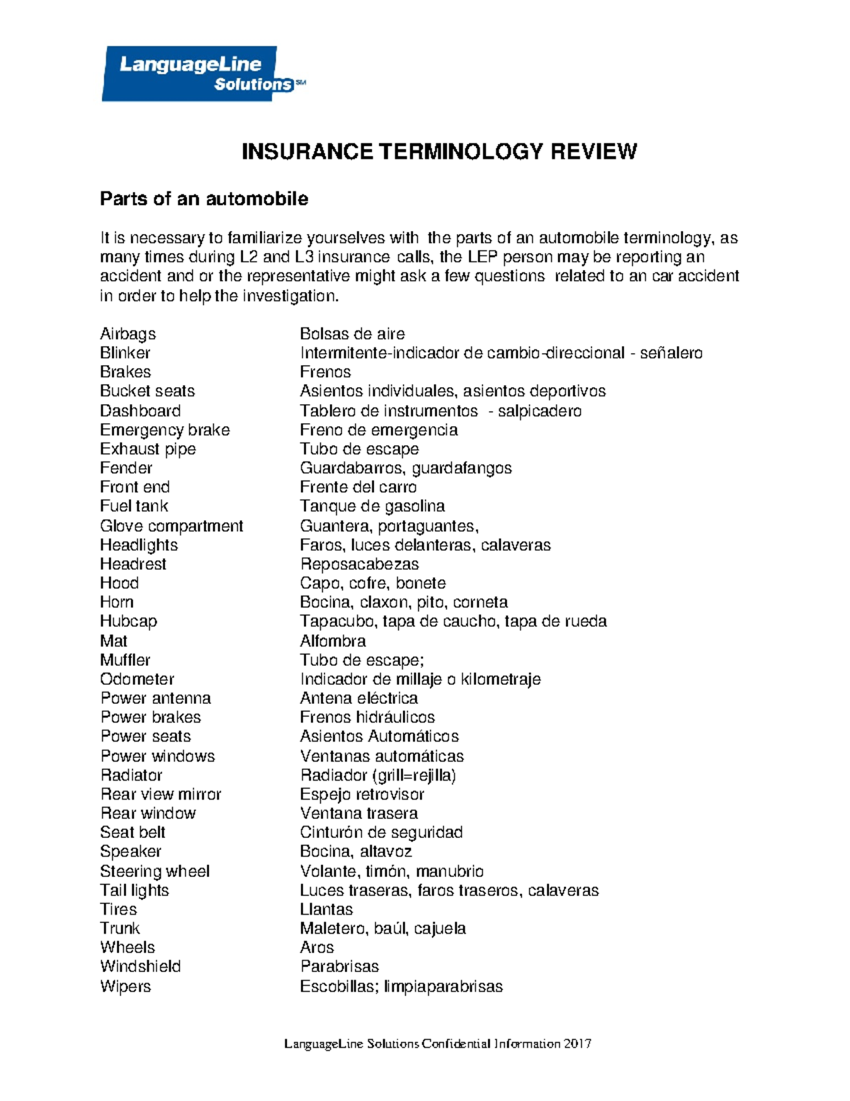 2017 Auto Insurance Terminology Review - INSURANCE TERMINOLOGY REVIEW ...