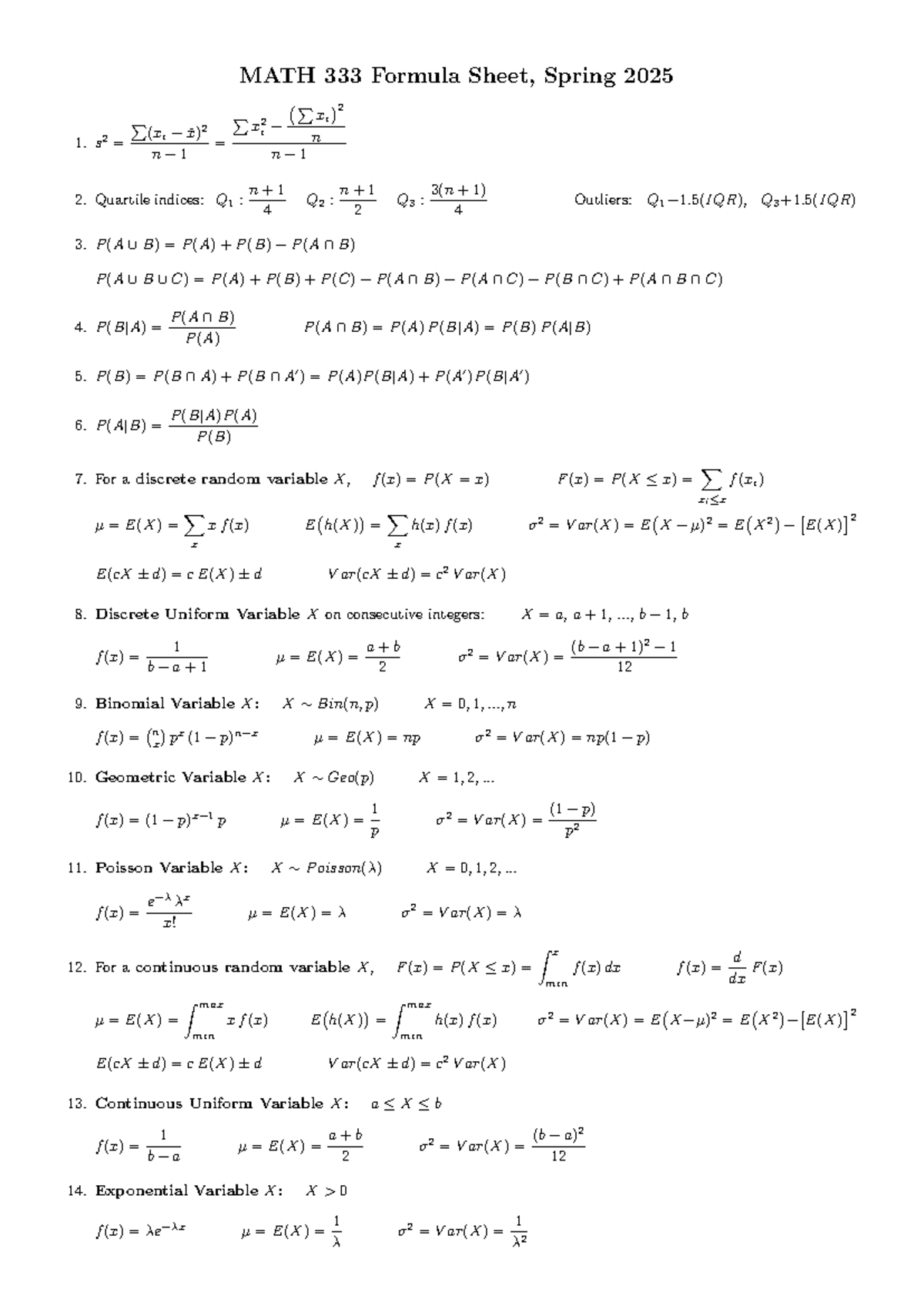 MATH 2025: Comprehensive Formula Sheet for Statistics - Studocu