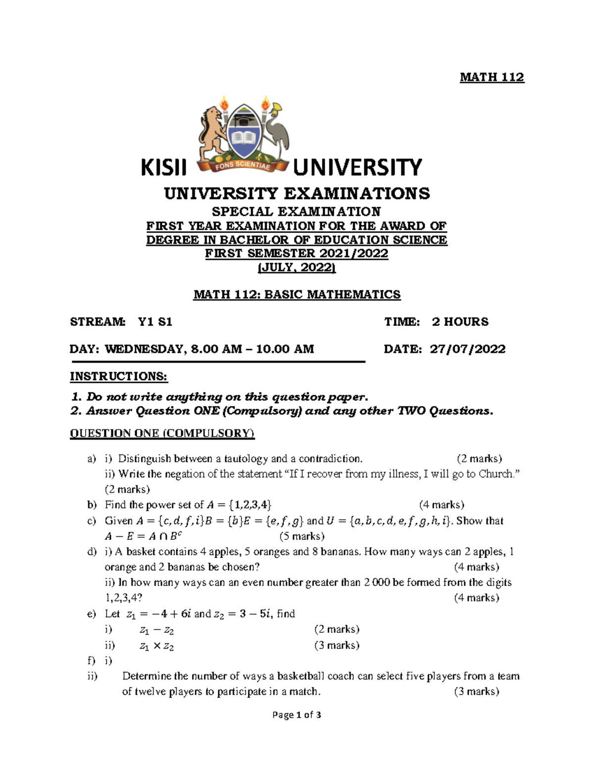 MATH 112: Special Exam Paper for Basic Mathematics - July 2022 - Studocu
