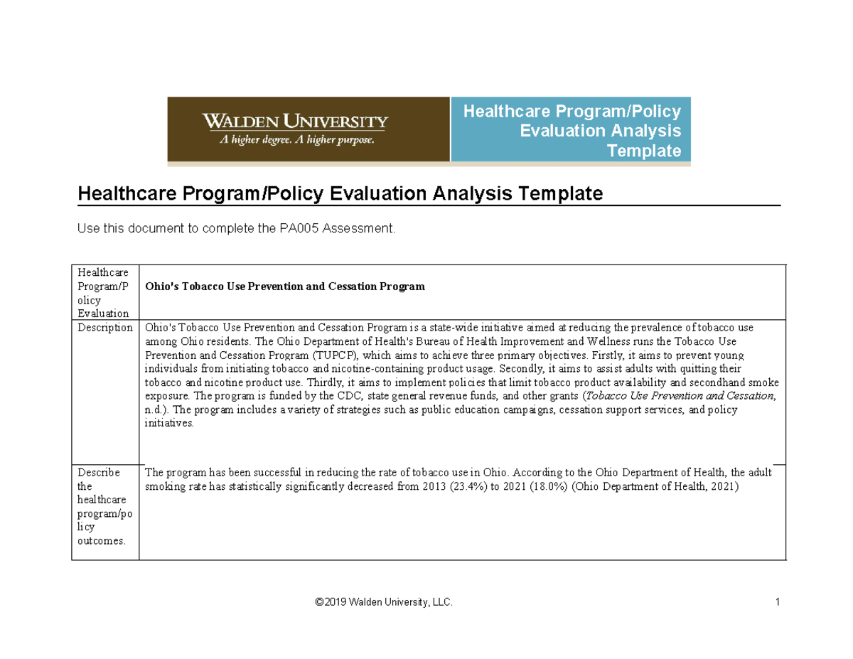 PA005 Tobacco Use Prevention Program Evaluation Analysis - Studocu