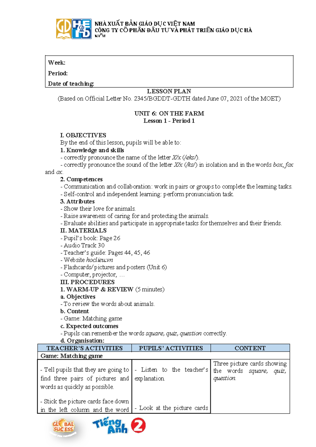TA2 GA UNIT 6: ON THE FARM LESSON PLAN - Studocu