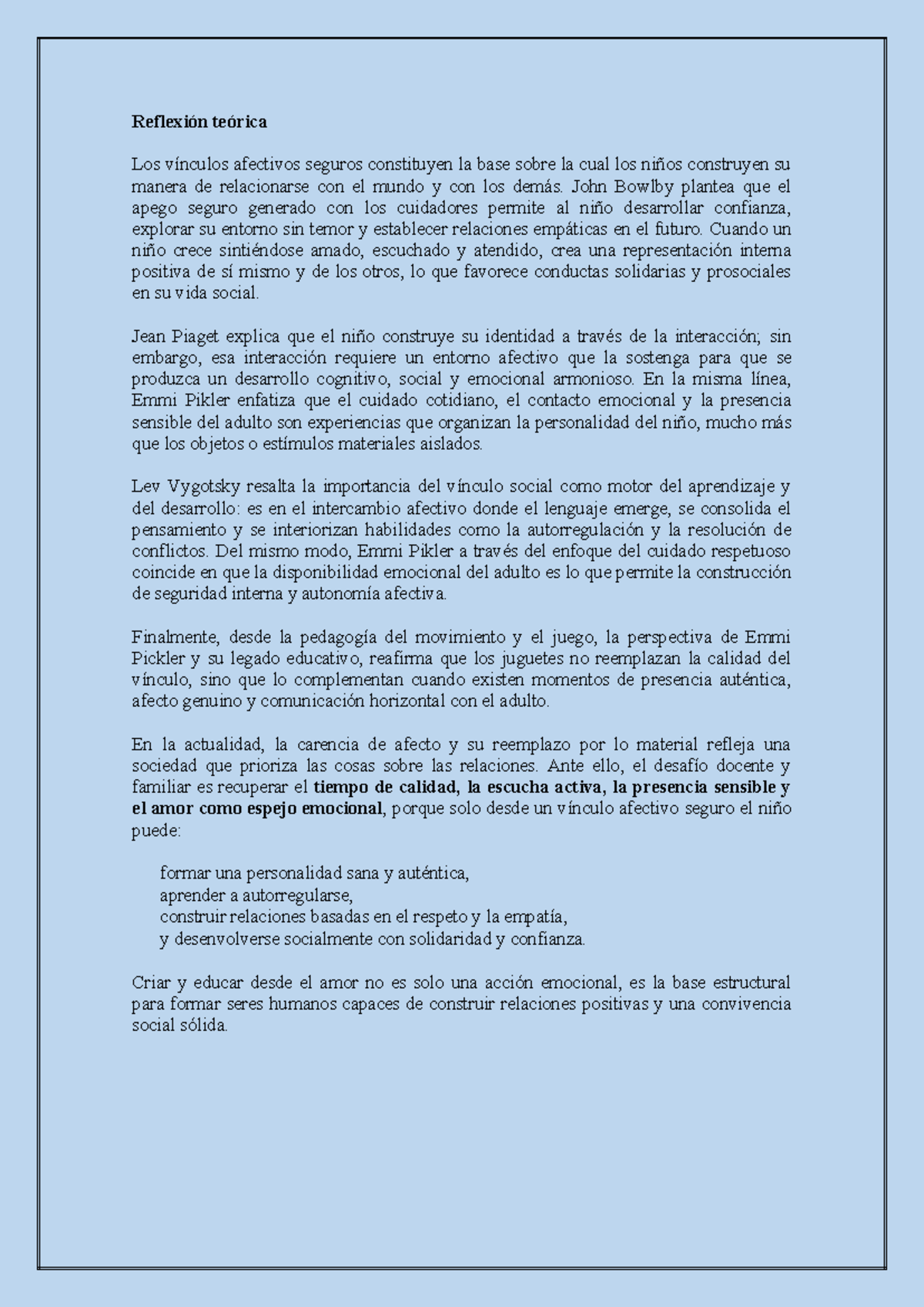 Reflexión teórica: El Afecto en el Desarrollo Infantil - Studocu