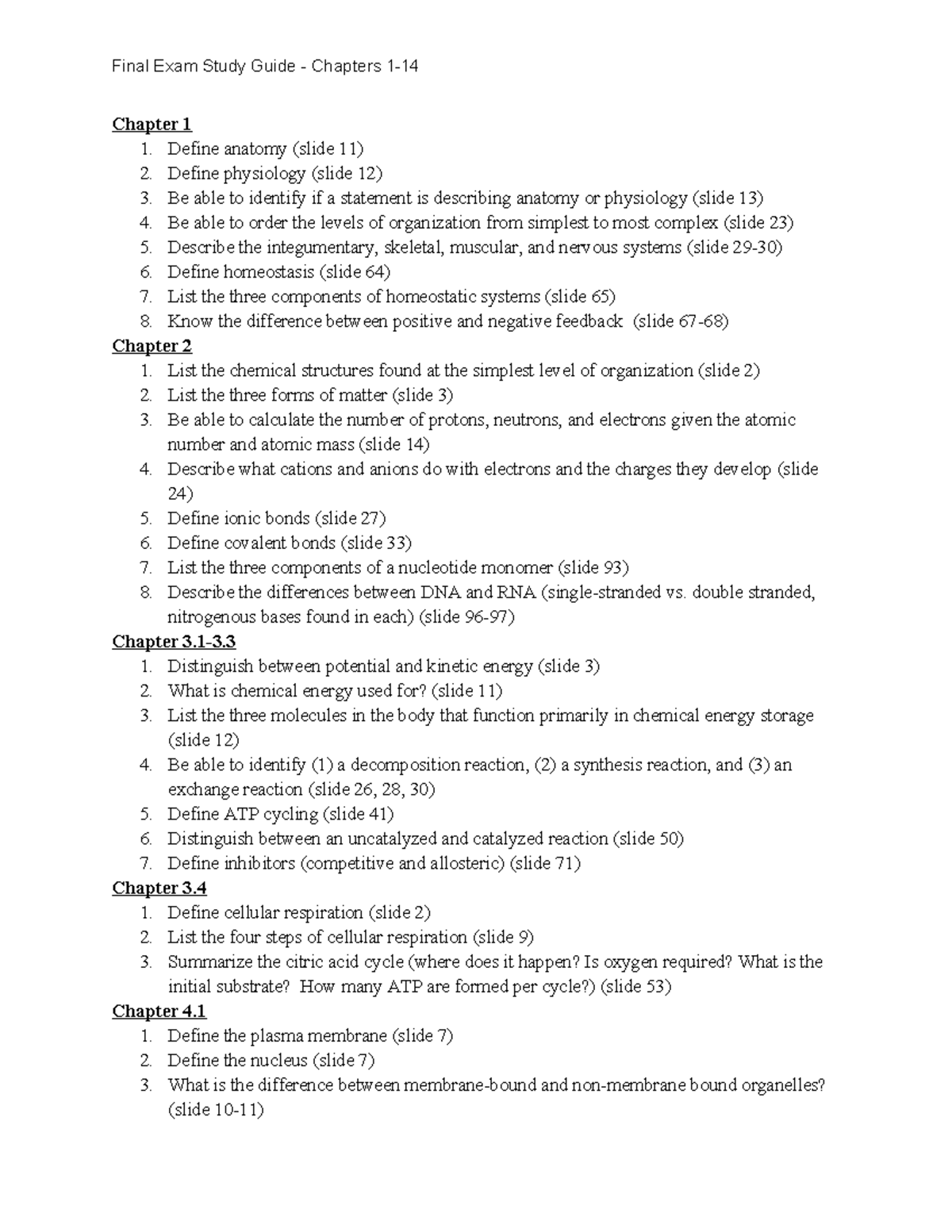 Final Exam Study Guide for ANAT 101: Key Topics from Chapters 1-14 - Studocu