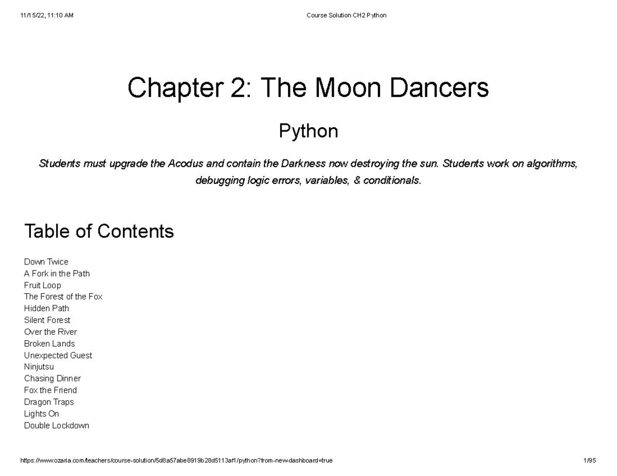 Ch 2: The Moon Dancers - Python Level Codes & Solutions - Studocu