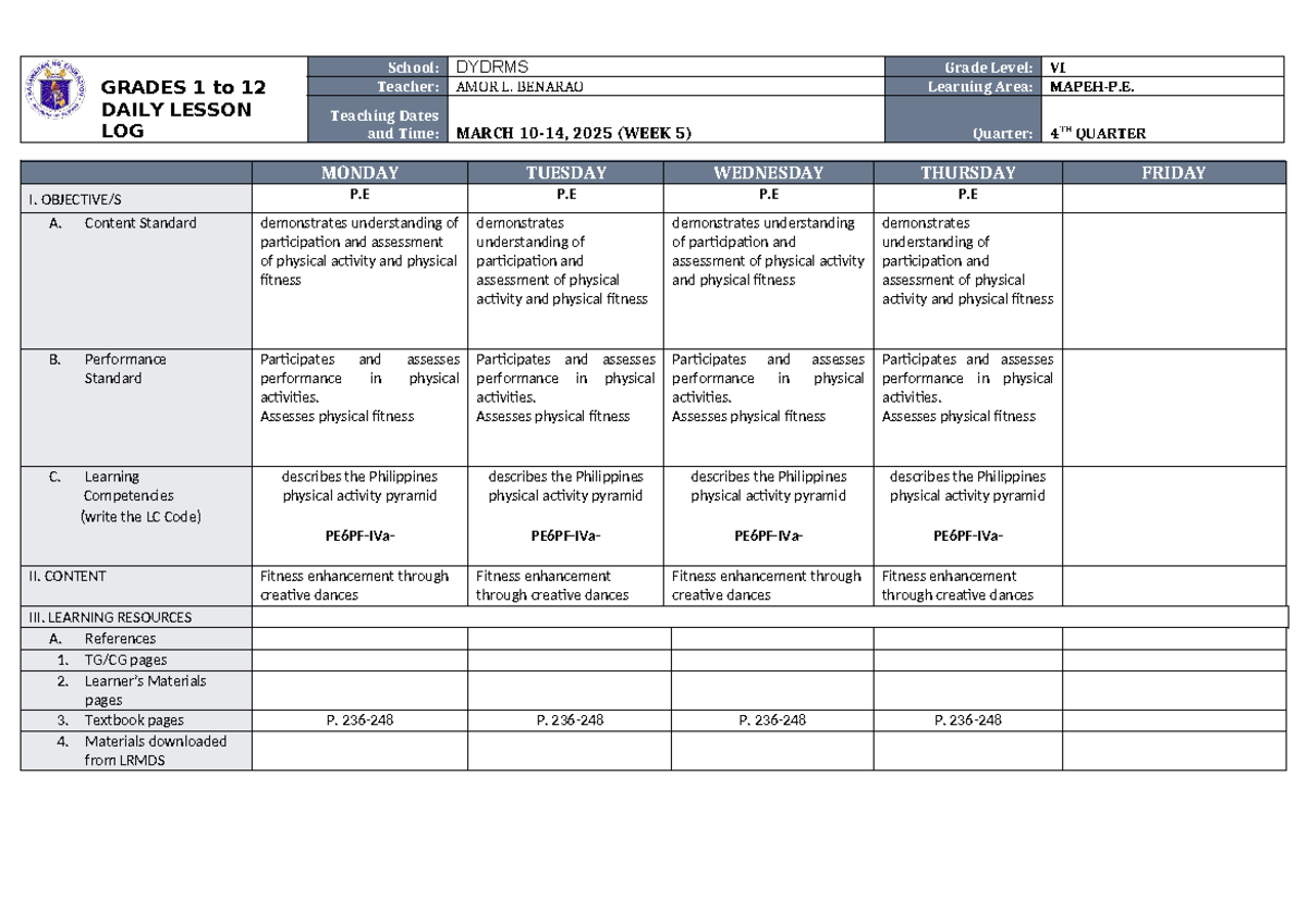 DLL Mapeh 6 Q4 W5 - Lesson Plan for Grade 6 Fitness Dance Activities - Studocu