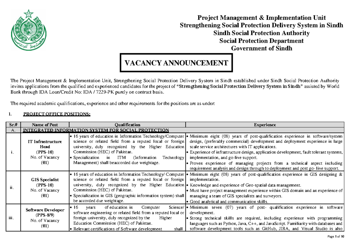 Vacancy Announcement for Project Management Positions in SSPA (Sindh ...