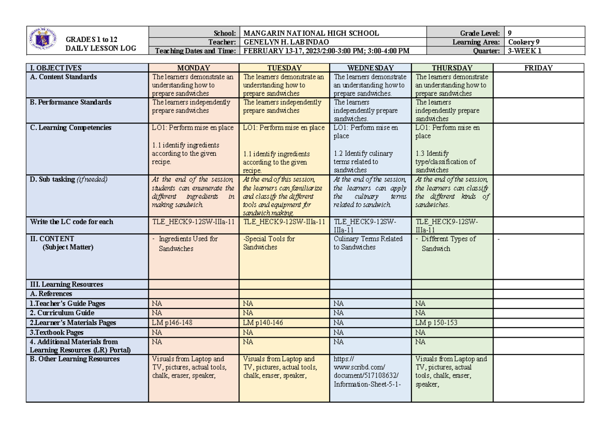 Cookery 9 DLL Third Quarter: Sandwich Preparation & Bread Types - Studocu