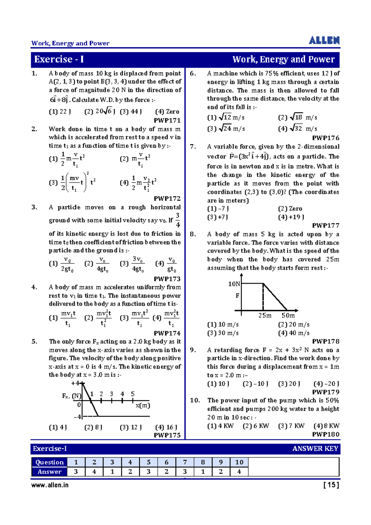 PWP171-PWP180 Work, Energy, and Power Exercises and Solutions - Studocu