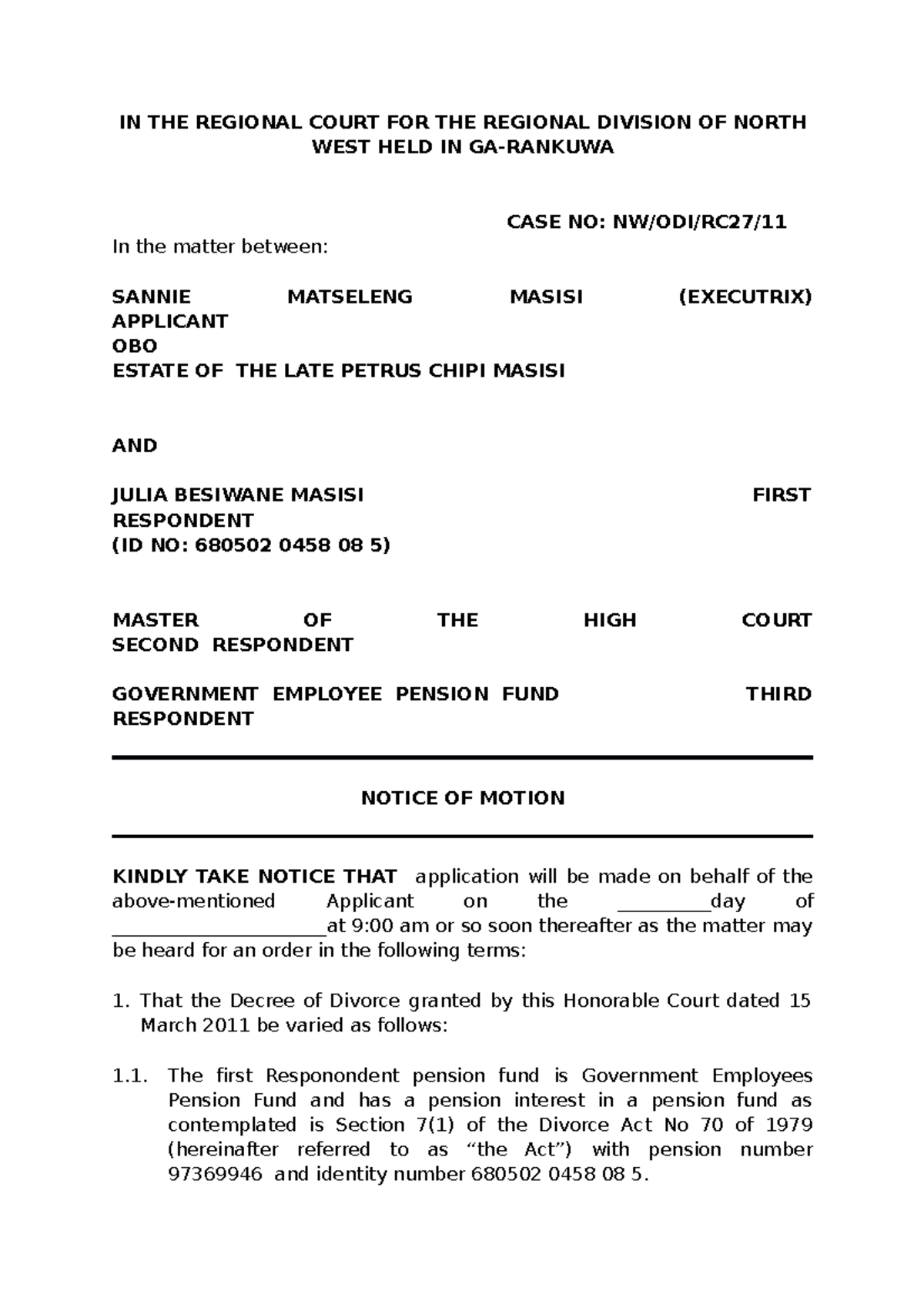 Application for Variation of Divorce Decree - Case No. NW/ODI/RC27 ...