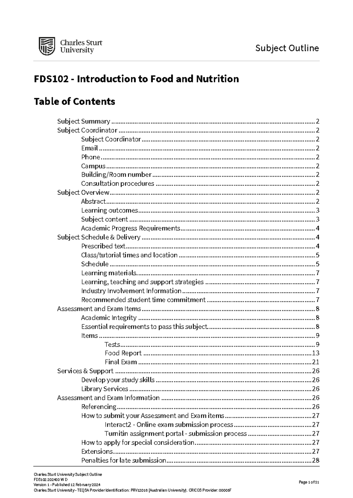 FDS102 Subject Outline - Introduction to Food and Nutrition (2024 ...