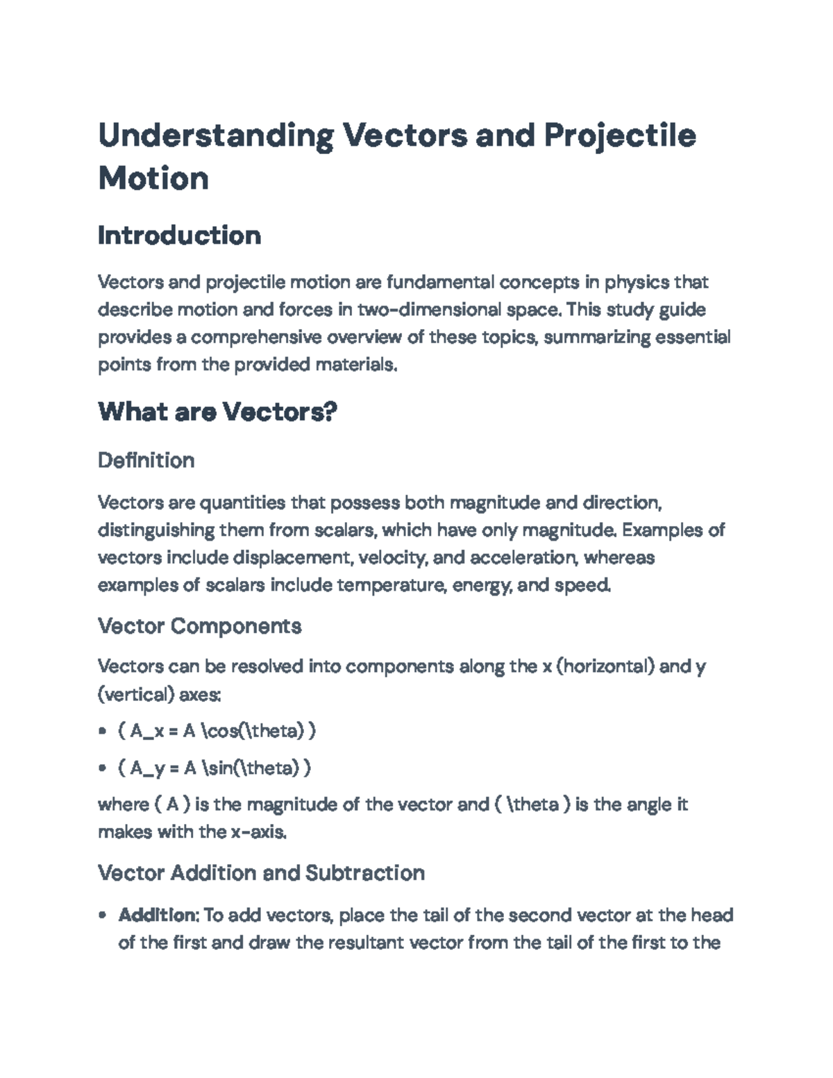 Vectors and Projectile Motion Study Guide (PHYS 101) - Key Concepts ...