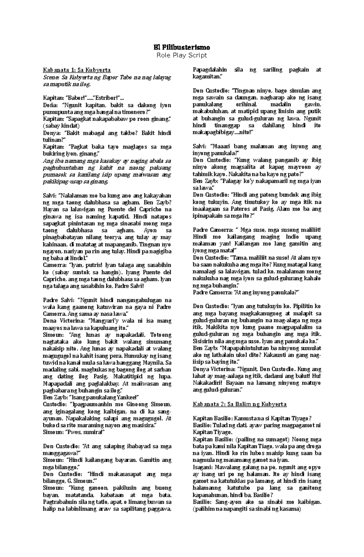 El Filibusterismo Role Play Script: Kabanata 1-24 - Studocu