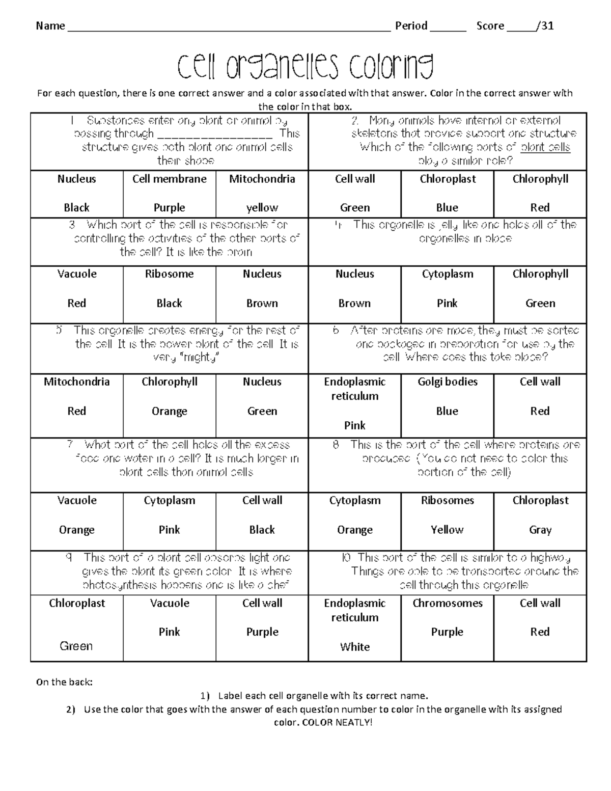 Cell Organelle Coloring Sheet Updated - Name
