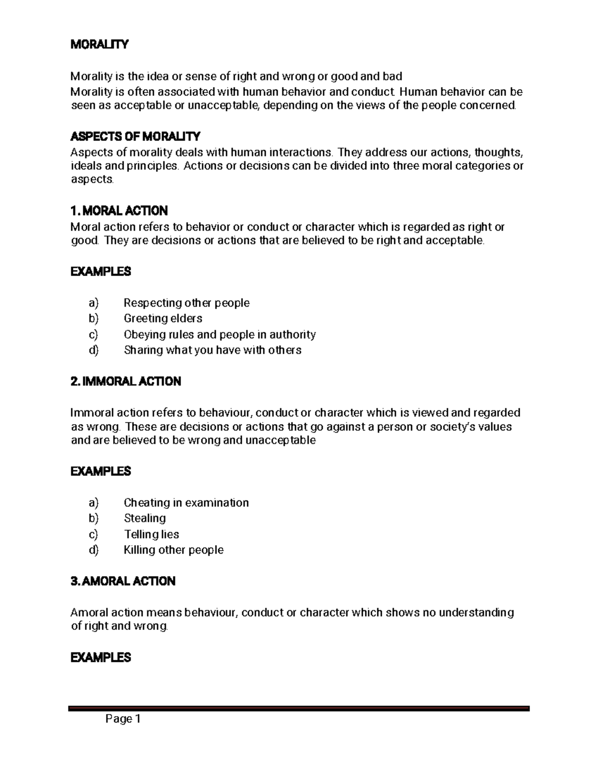 ME notes-1 - It's MORAL EDUCATION notes - MORALITY Morality is the idea ...