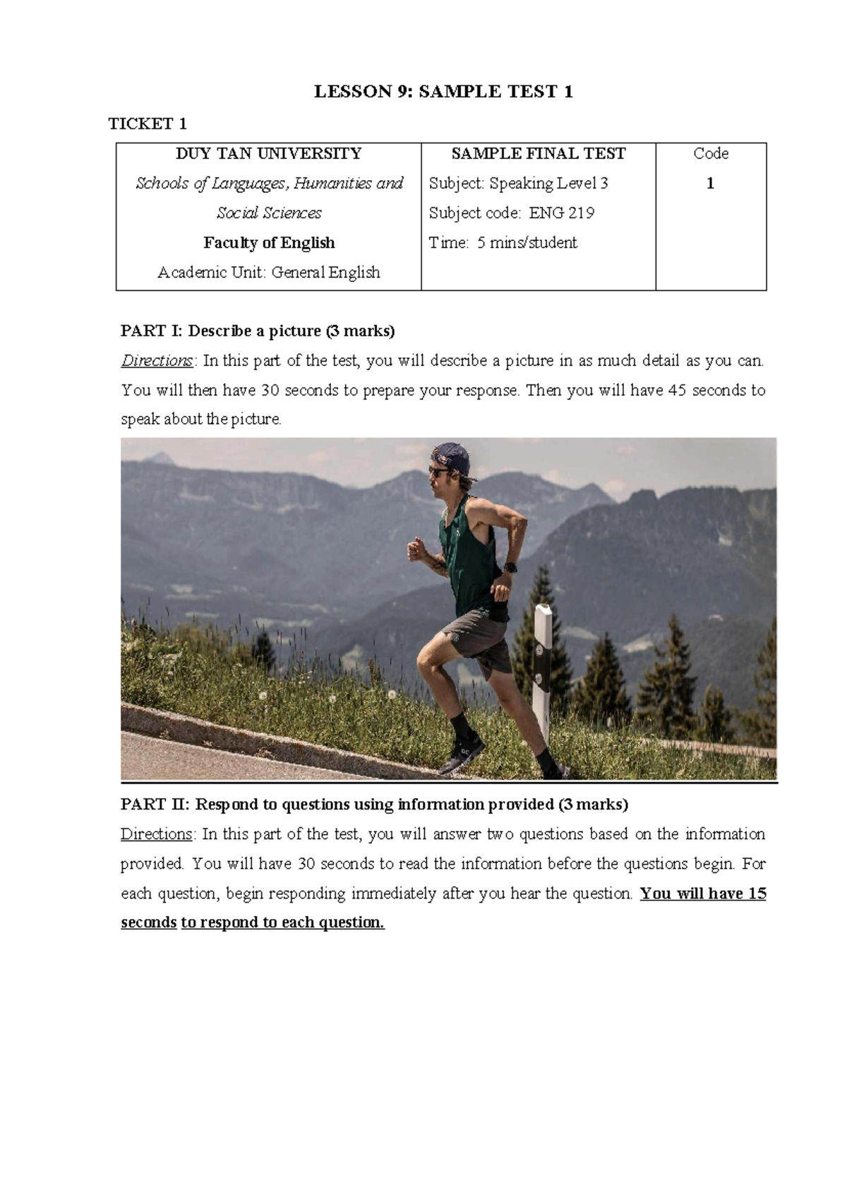ENG 219 Speaking Level 3: Sample Final Test Overview - Studocu