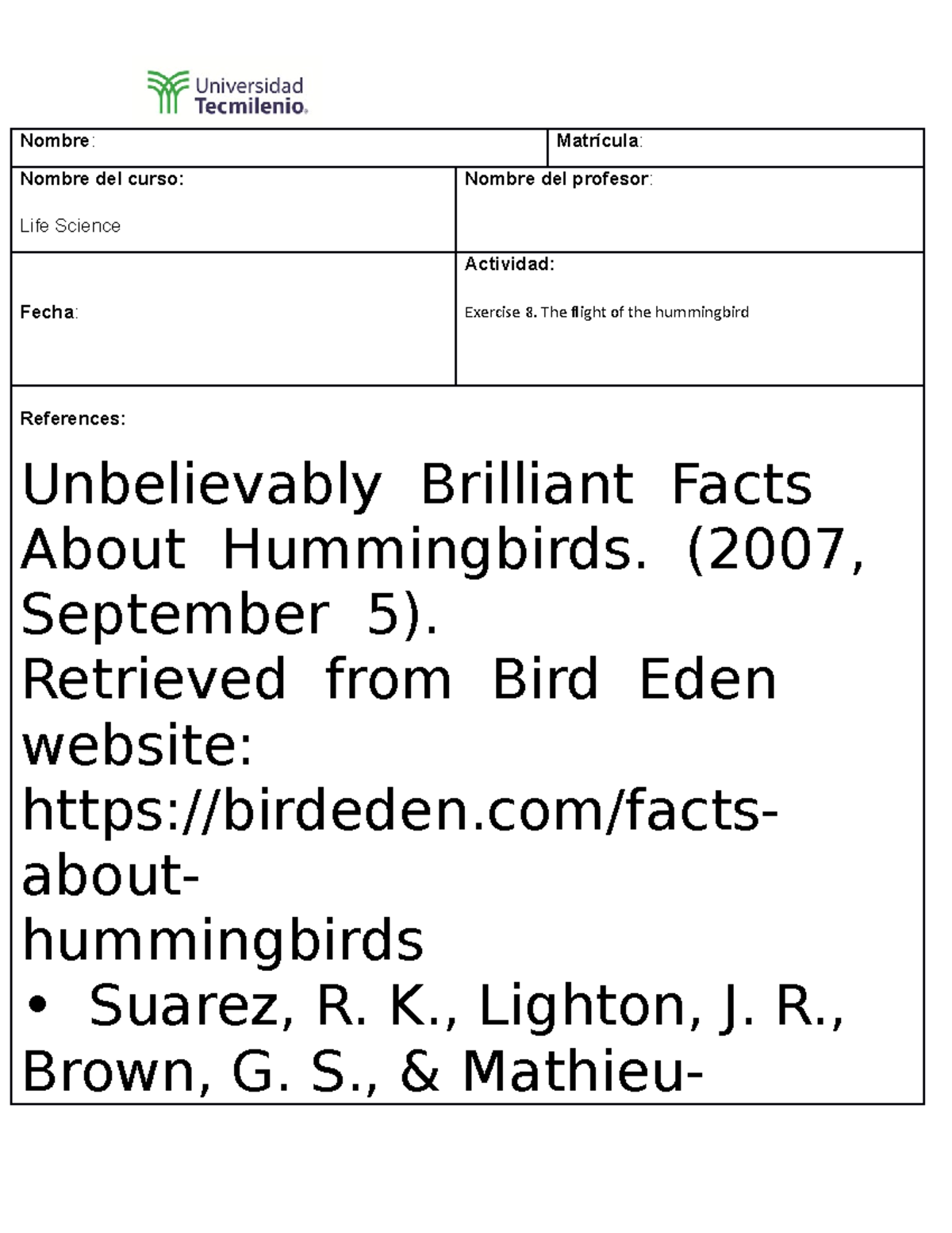Life Science Exercise 8: The Flight and Behavior of Hummingbirds - Studocu