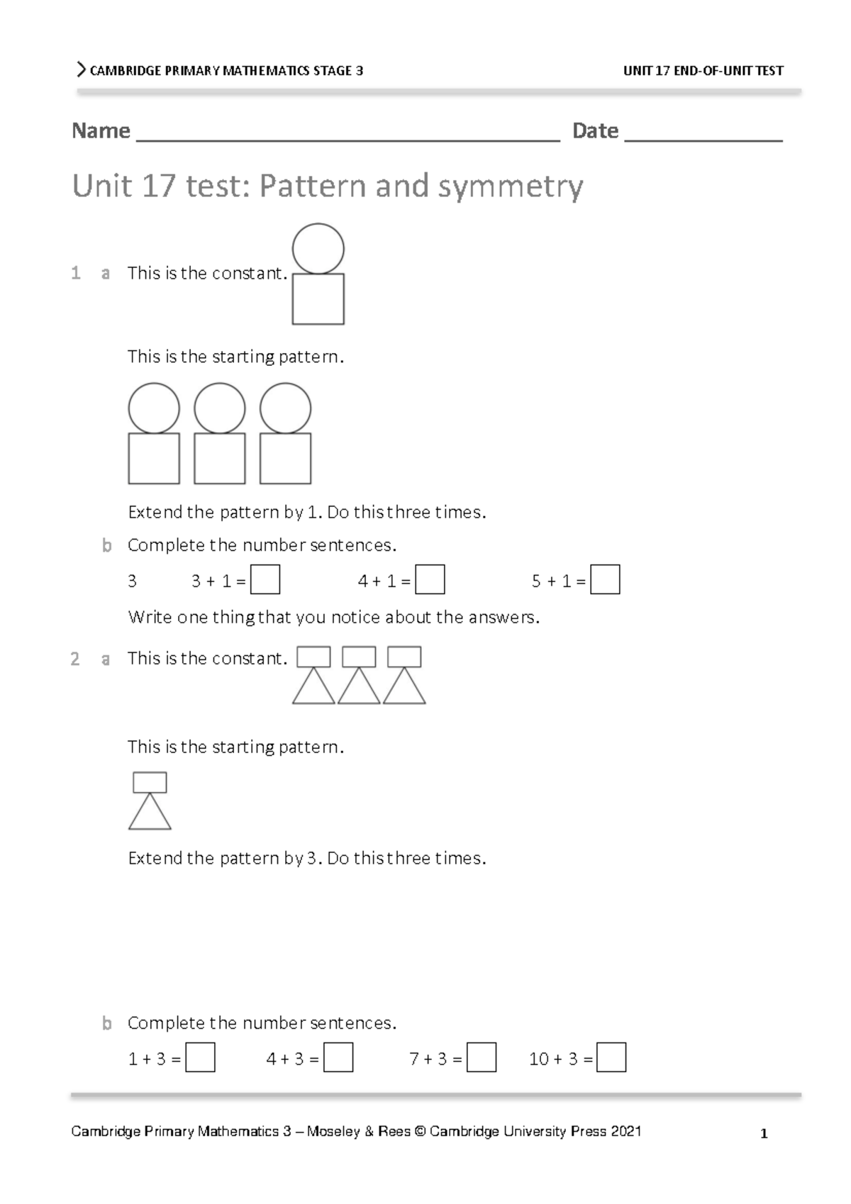 CAMBRIDGE PRIMARY MATHEMATICS STAGE 3 UNIT 17 TEST - Studocu