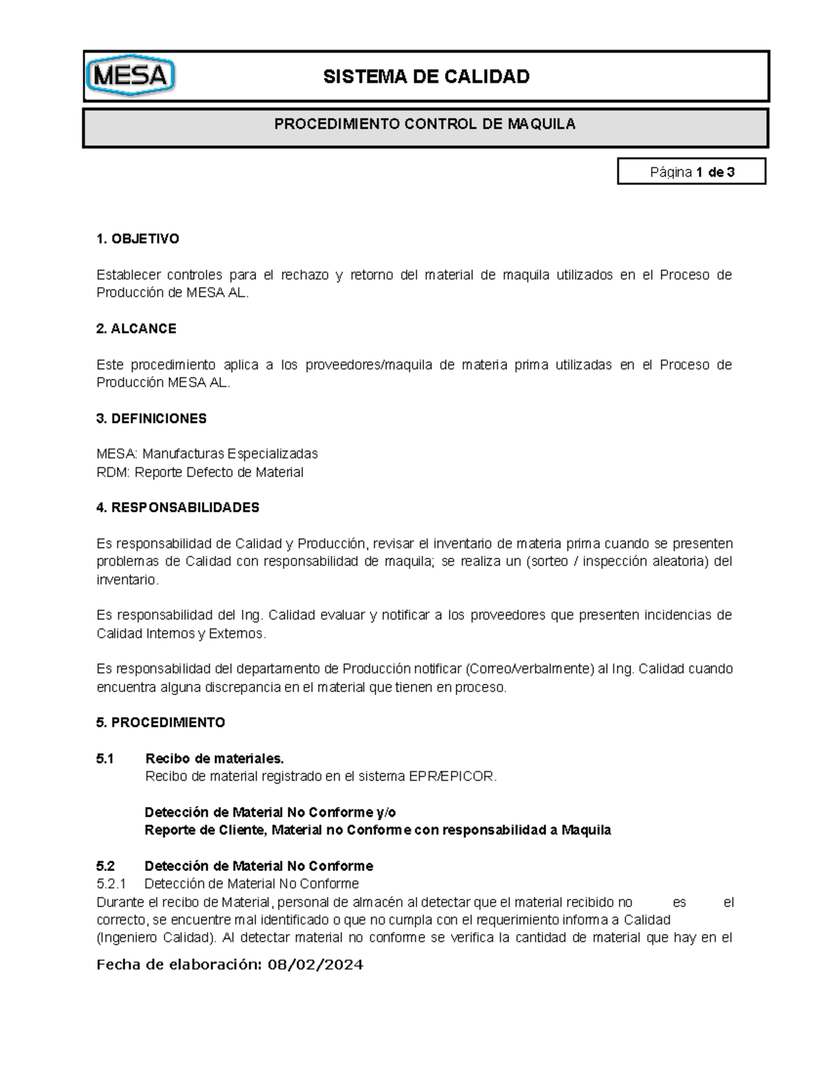 Control de Maquila: Procedimiento de Calidad y Material No Conforme ...