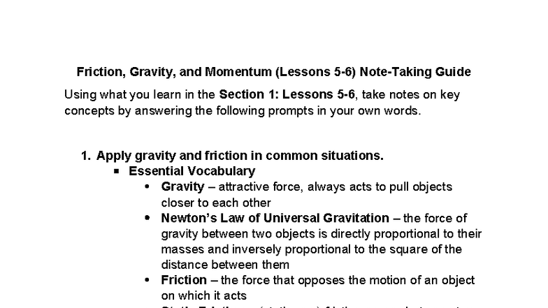 Physics 101: Section 1 Lessons 5-6 - Friction, Gravity & Momentum Notes ...