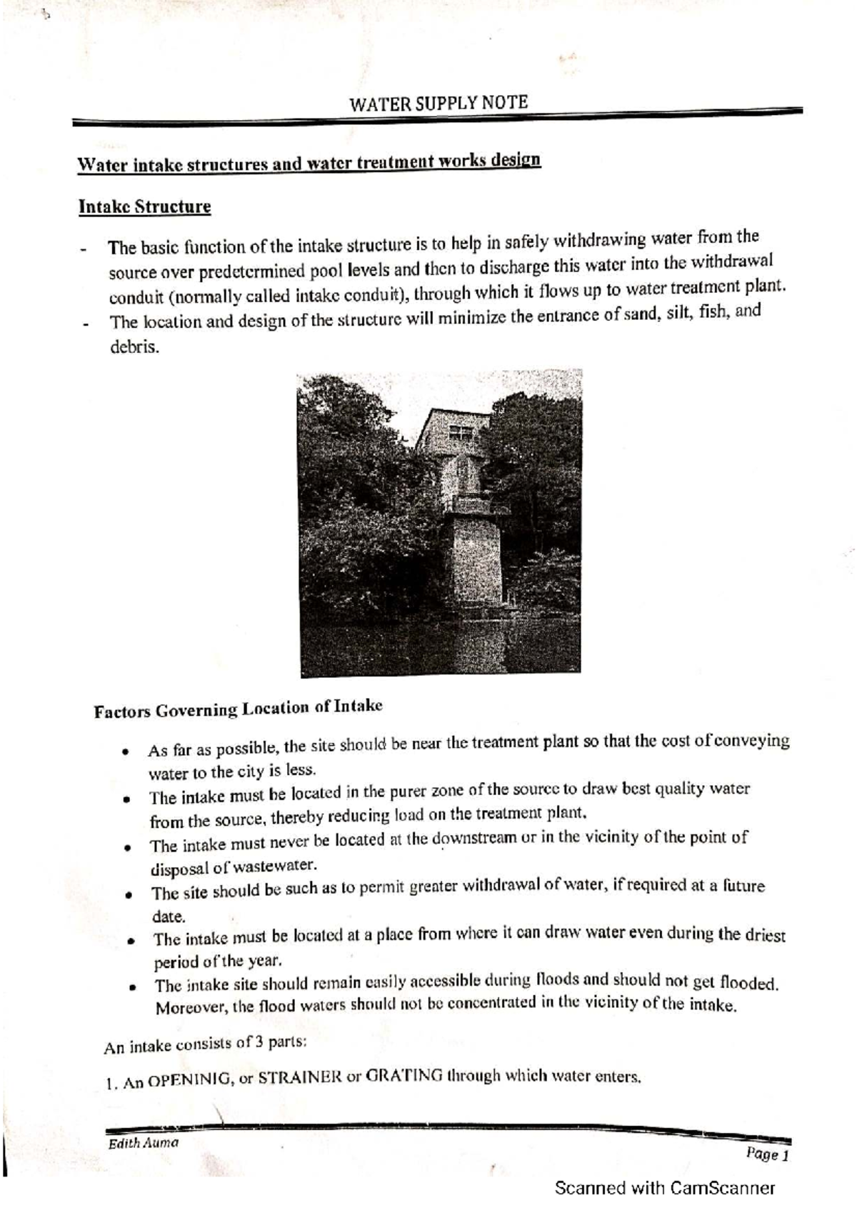 WATER SUPPLY NOTE: Design of Intake Structures & Treatment Works - Studocu