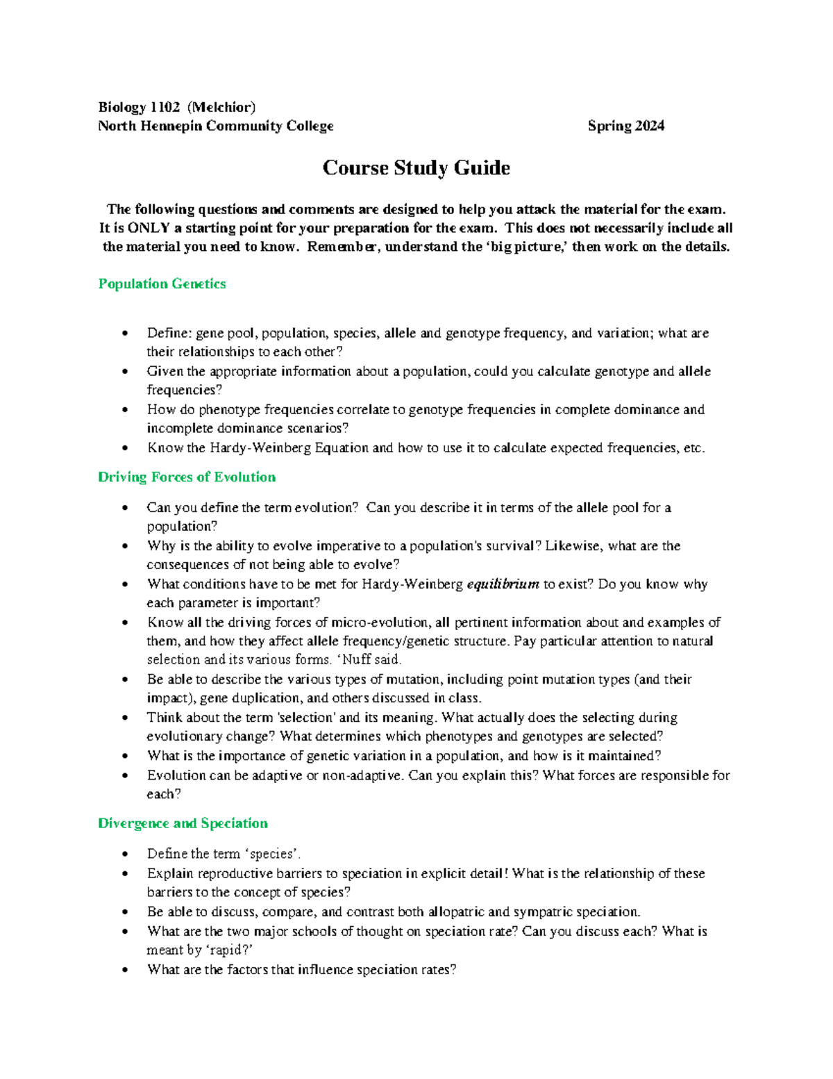 Biology 1102 Study Guide: Exam Preparation for Spring 2024 - Biology ...