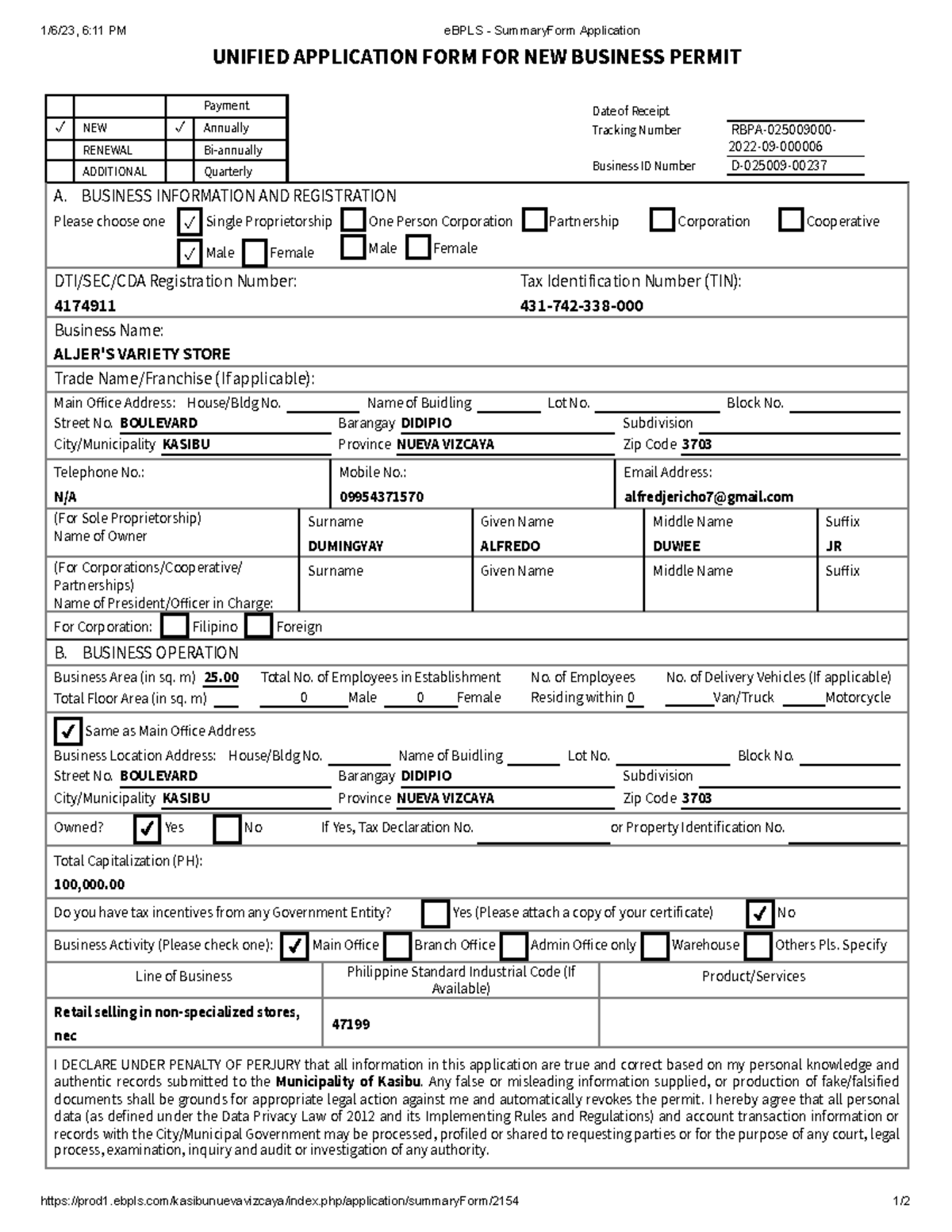 eBPLS - Summary Form Application for New Business Permit - Studocu