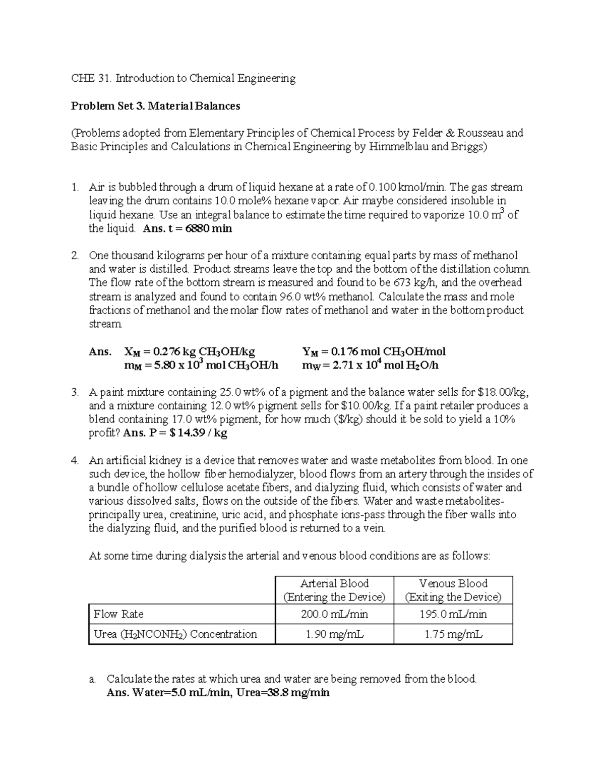 CHE 31 Problem Set 3: Material Balances & Process Analysis - Studocu