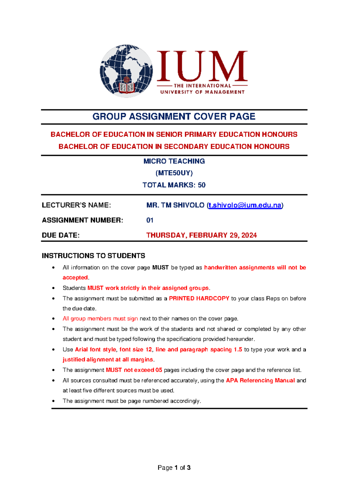 Group Assignment 01: MTE50UY Micro Teaching Overview & Guidelines 2024 - Studocu