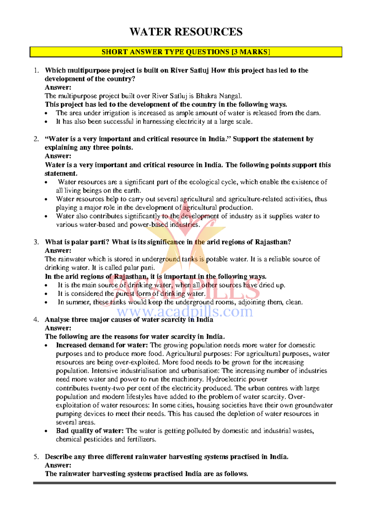 Water Resources most important questions - WATER RESOURCES SHORT ANSWER ...