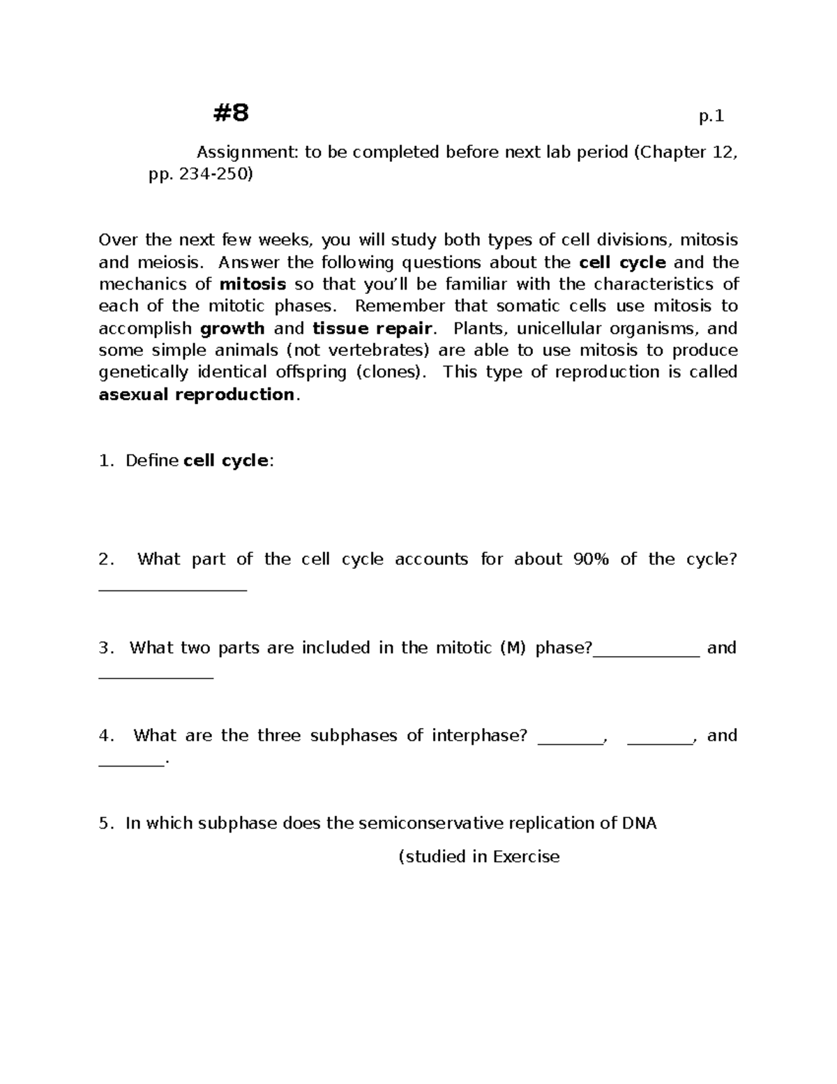 Biology 101: Assignment on Mitosis & Meiosis (Chapter 12) - Studocu