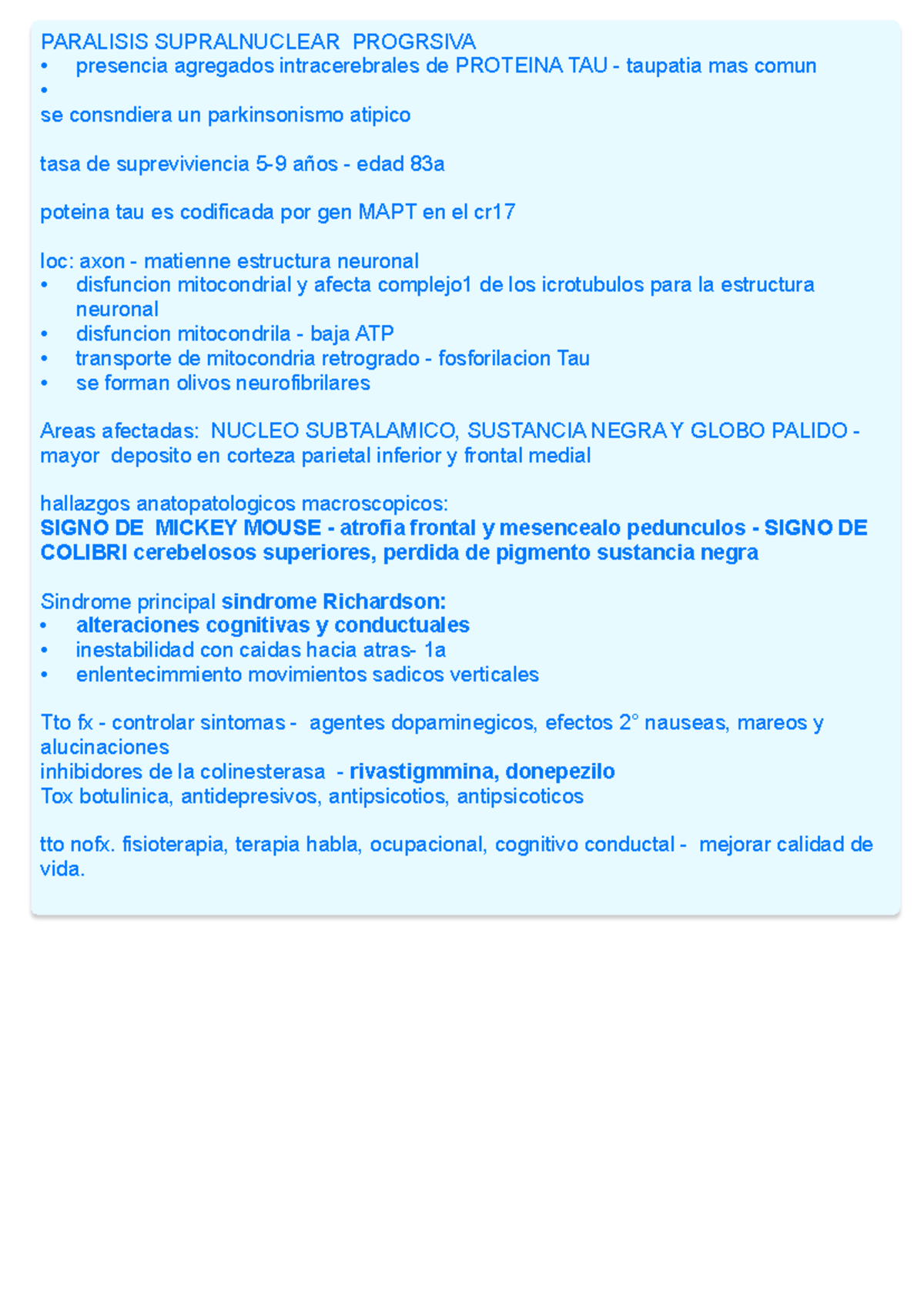 Neuro - Clase: Parálisis Supranuclear Progresiva y Tratamientos - Studocu