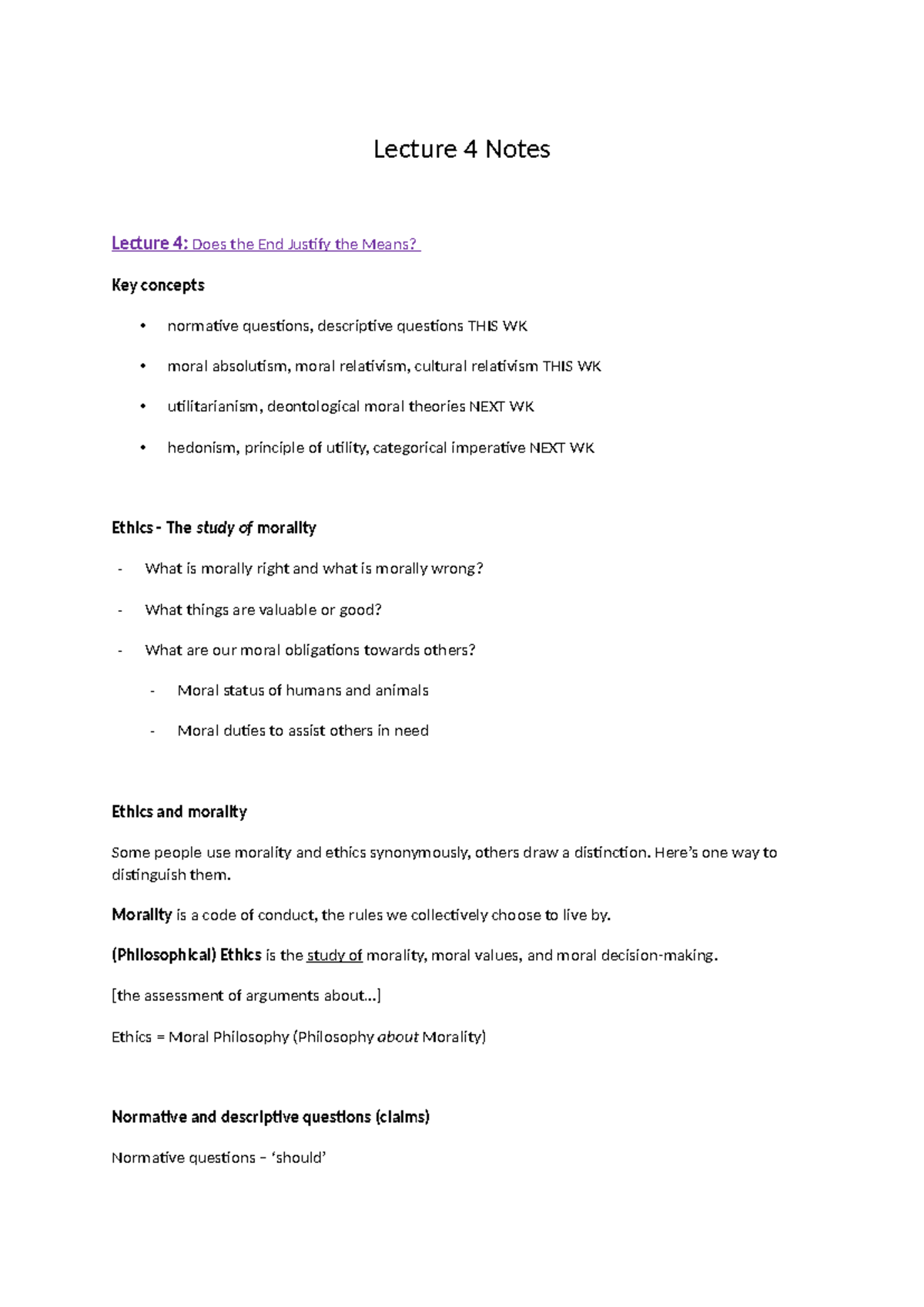 Lecture 4 Notes: Ethics, Morality, and Relativism Concepts - Studocu