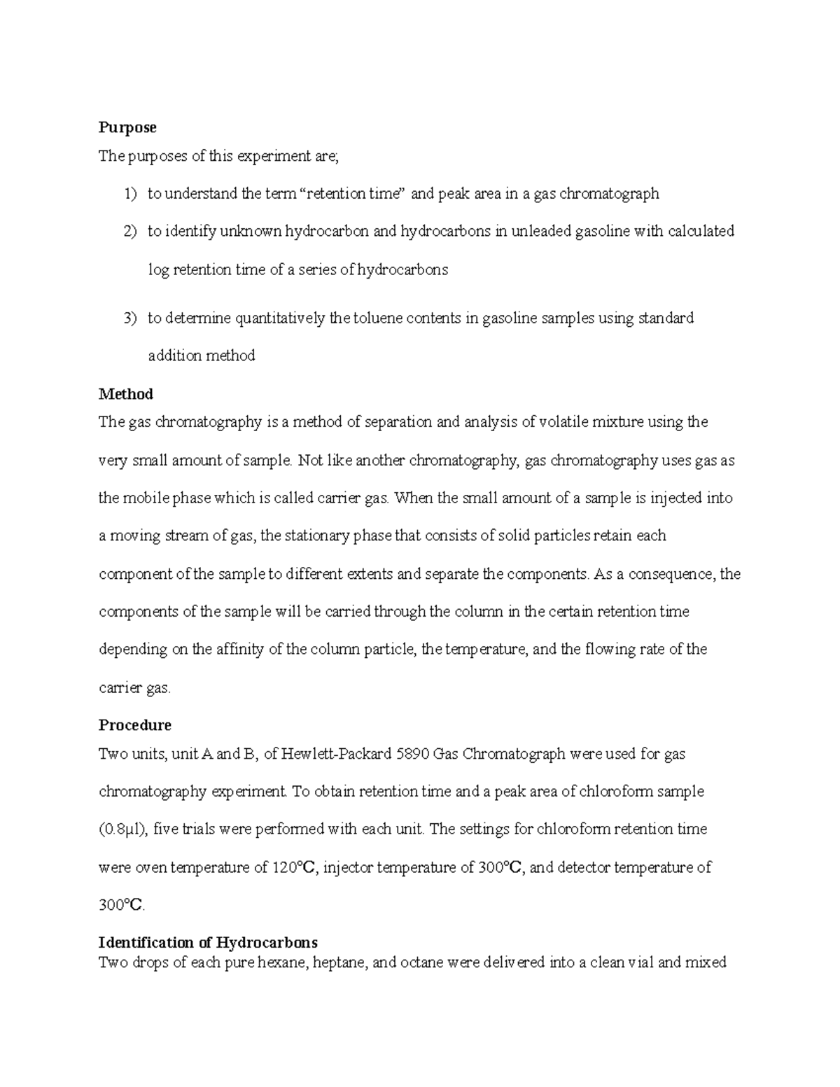 GC HP 5890 - GC lab report - Purpose The purposes of this experiment 1 ...
