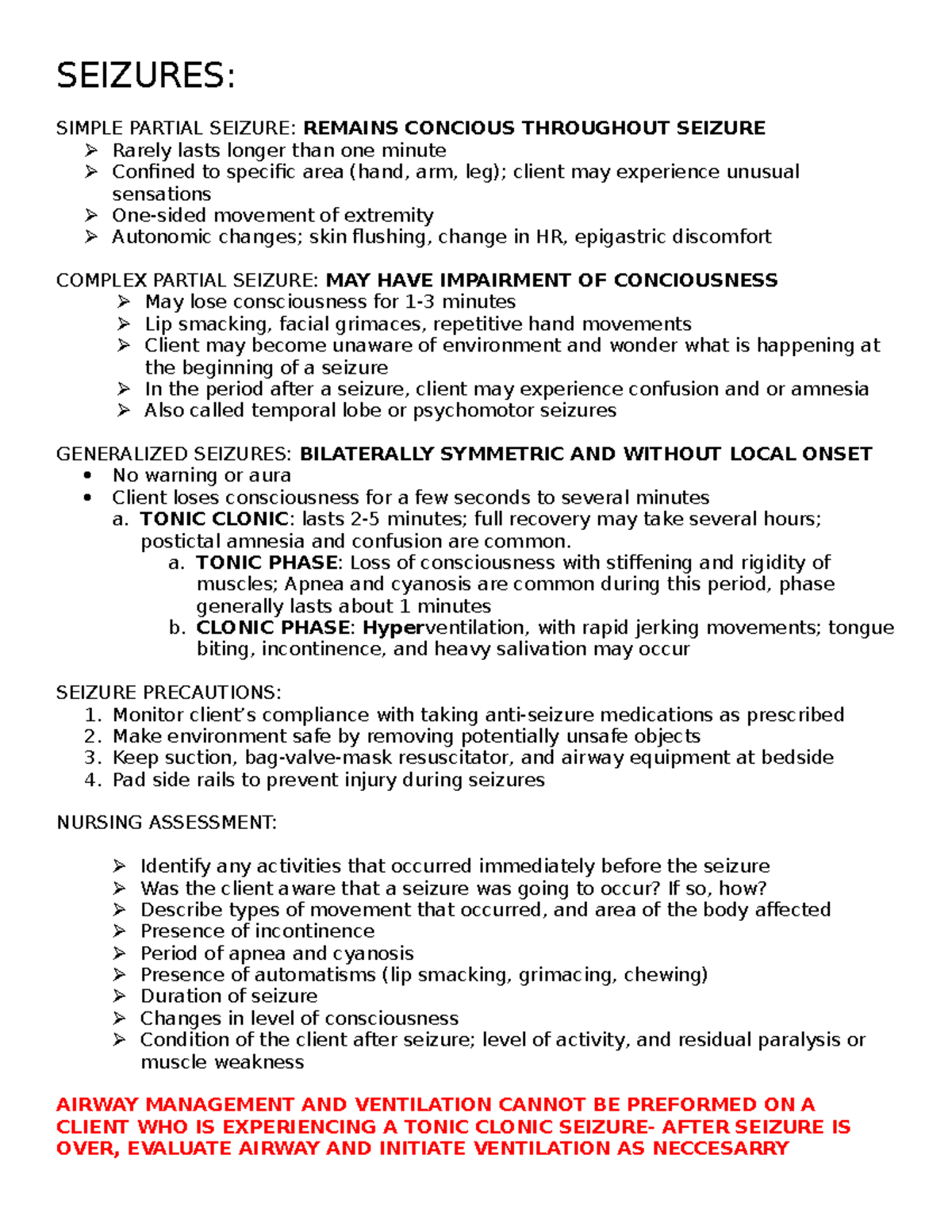 Seizure Notes - SEIZURES: SIMPLE PARTIAL SEIZURE: REMAINS CONCIOUS ...
