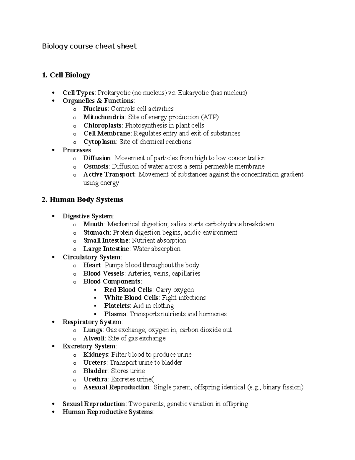 Biology Cheat Sheet: Cell Biology & Human Body Systems Overview - Studocu