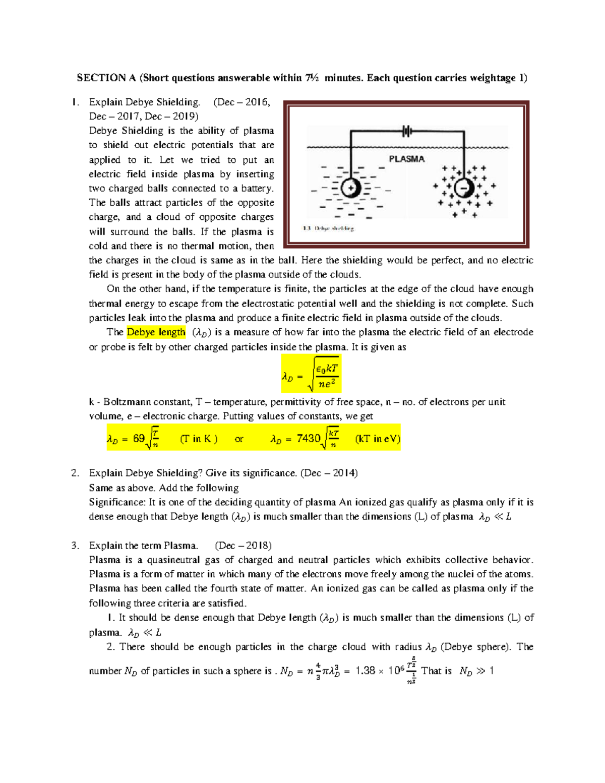 Plasma Physics: Key Questions & Answers for Course PSY101 - Studocu
