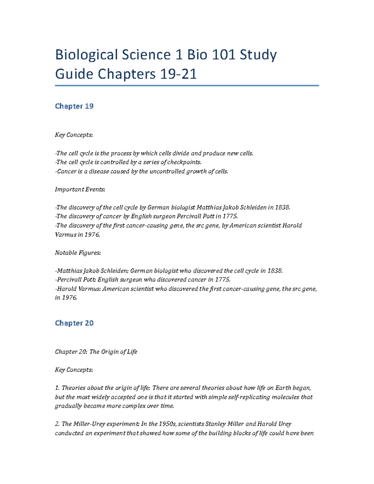 Biological Science 1 Bio 101 Study Guide Chapters 19-21 -The cell cycle ...