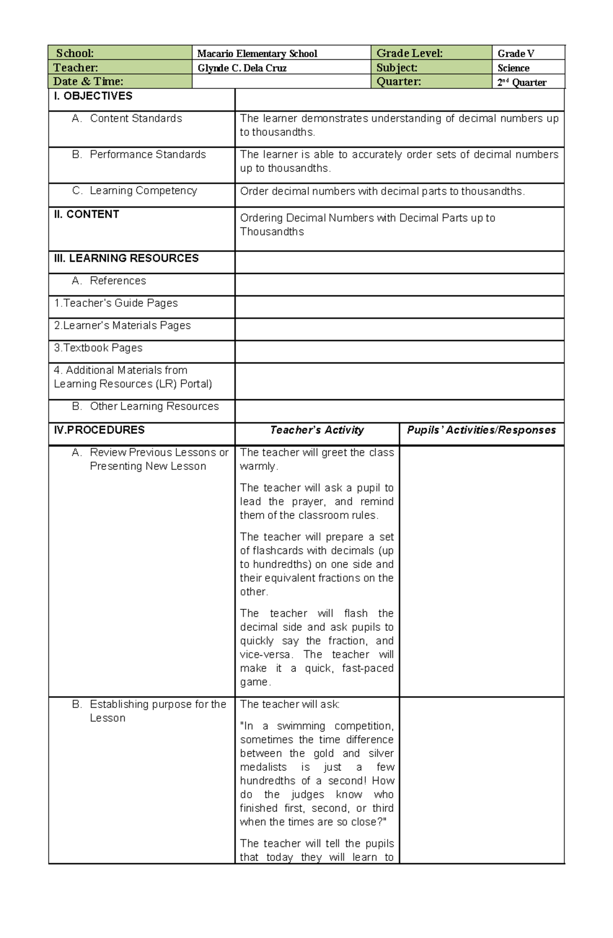 Grade V Science: Lesson Plan on Ordering Decimal Numbers (2nd Quarter ...