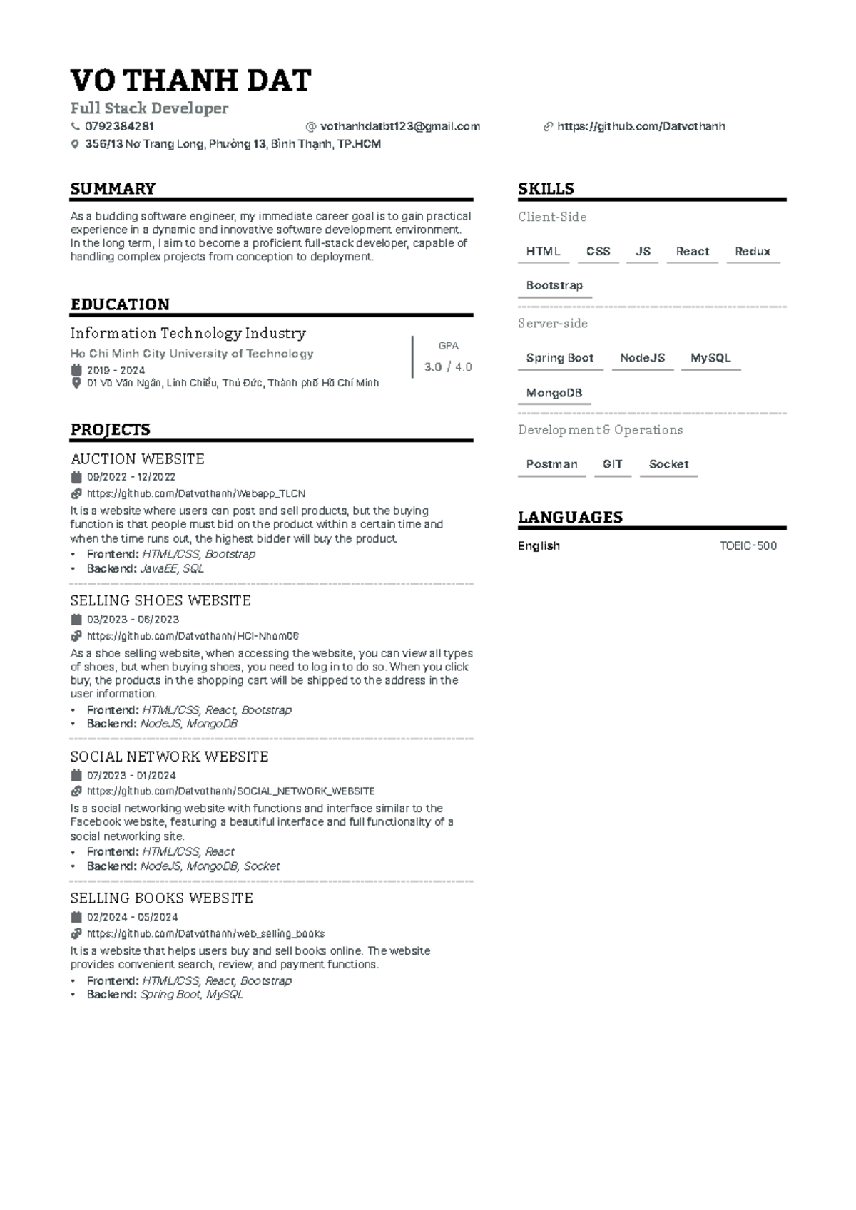 Vo Thanh Dat CV - aaaa - / VO THANH DAT Full Stack Developer 0792384281 vothanhdatbt123@gmail ...