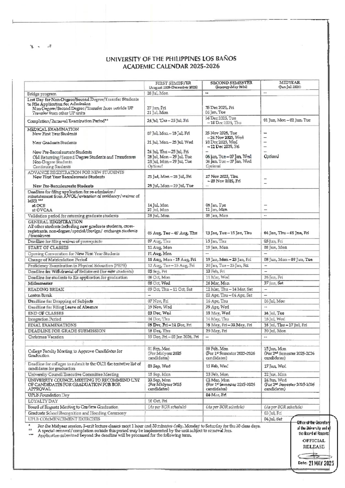 UPLB Academic Calendar AY 2025-2026: Important Dates & Deadlines - Studocu