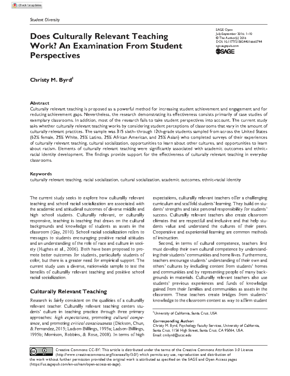 660744 Culturally Relevant Teaching: Impact on Student Diversity and ...