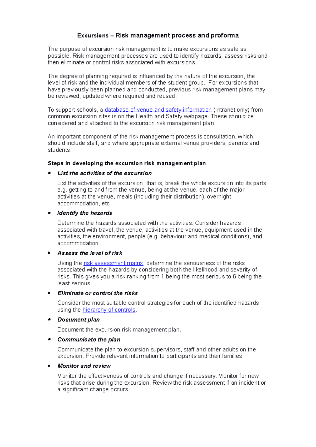 Excursion Risk Management Process: Strategies & Proforma Guidance - Studocu