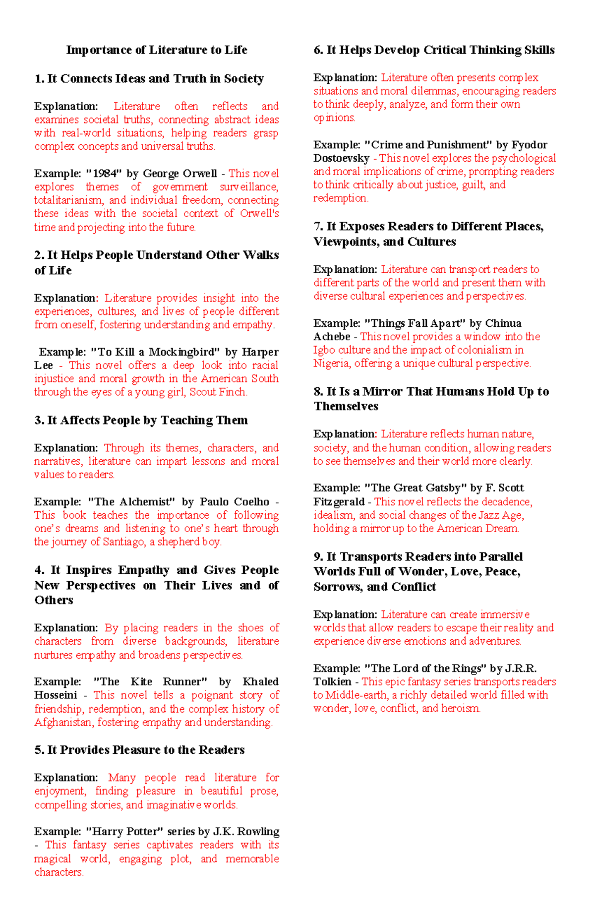 The Significance of Literature in Life: Insights and Examples - Studocu