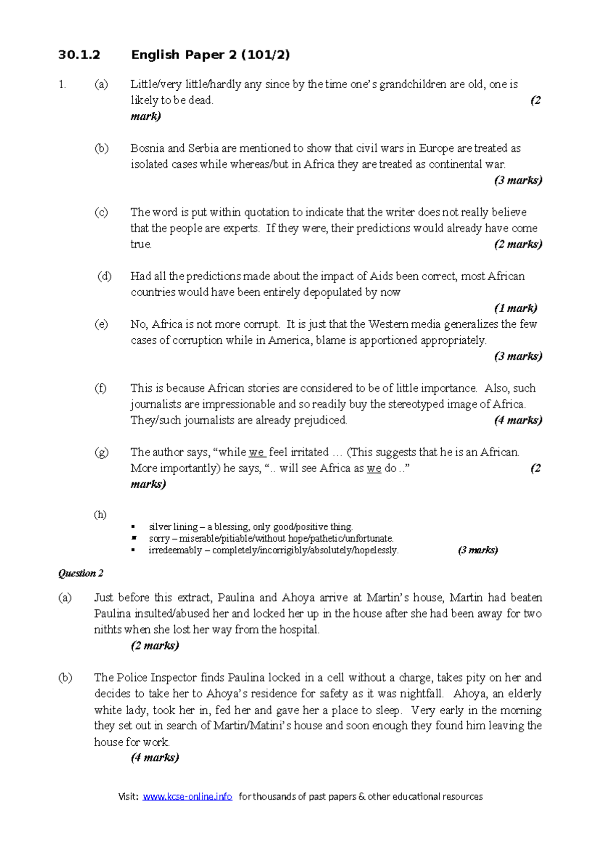2008 KCSE English Paper 2 Marking Scheme Analysis - Studocu